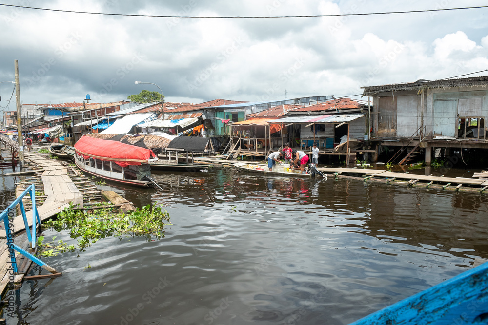Bellavista port of Amazon river in Iquitos, Peru. Amazonia, Nanay River ...