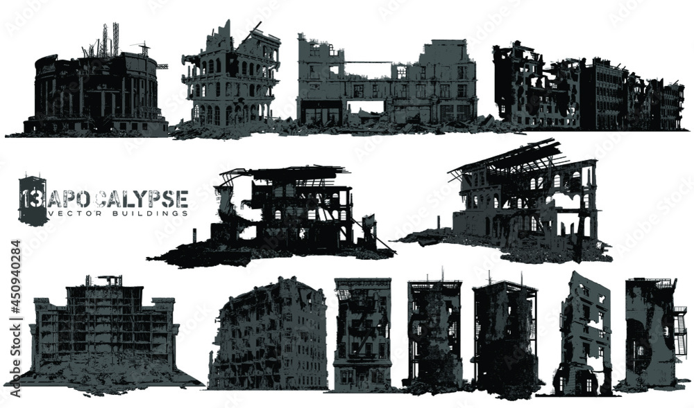 Apocalypse destroyed vector buildings illustration isolated Stock ...