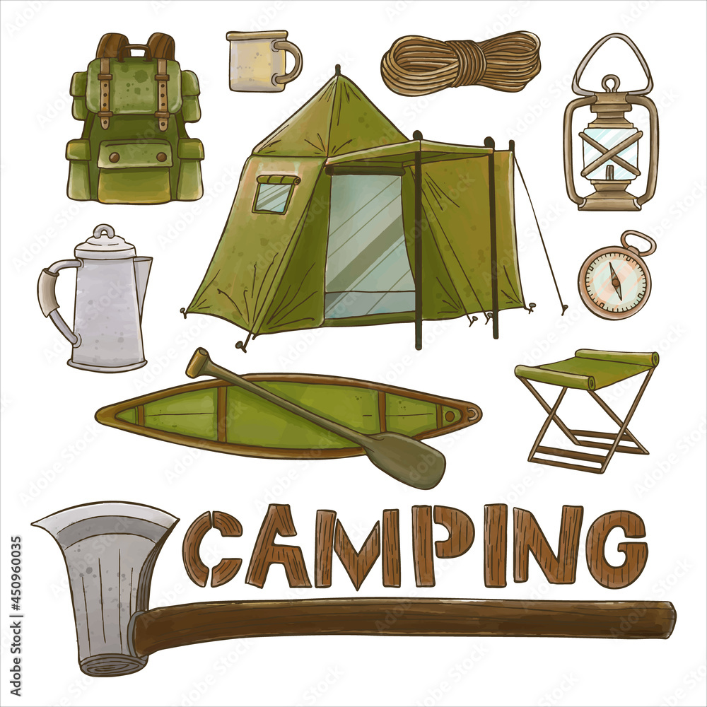 Set of watercolor painted camping supplies clipart. Hand drawn isolated ...