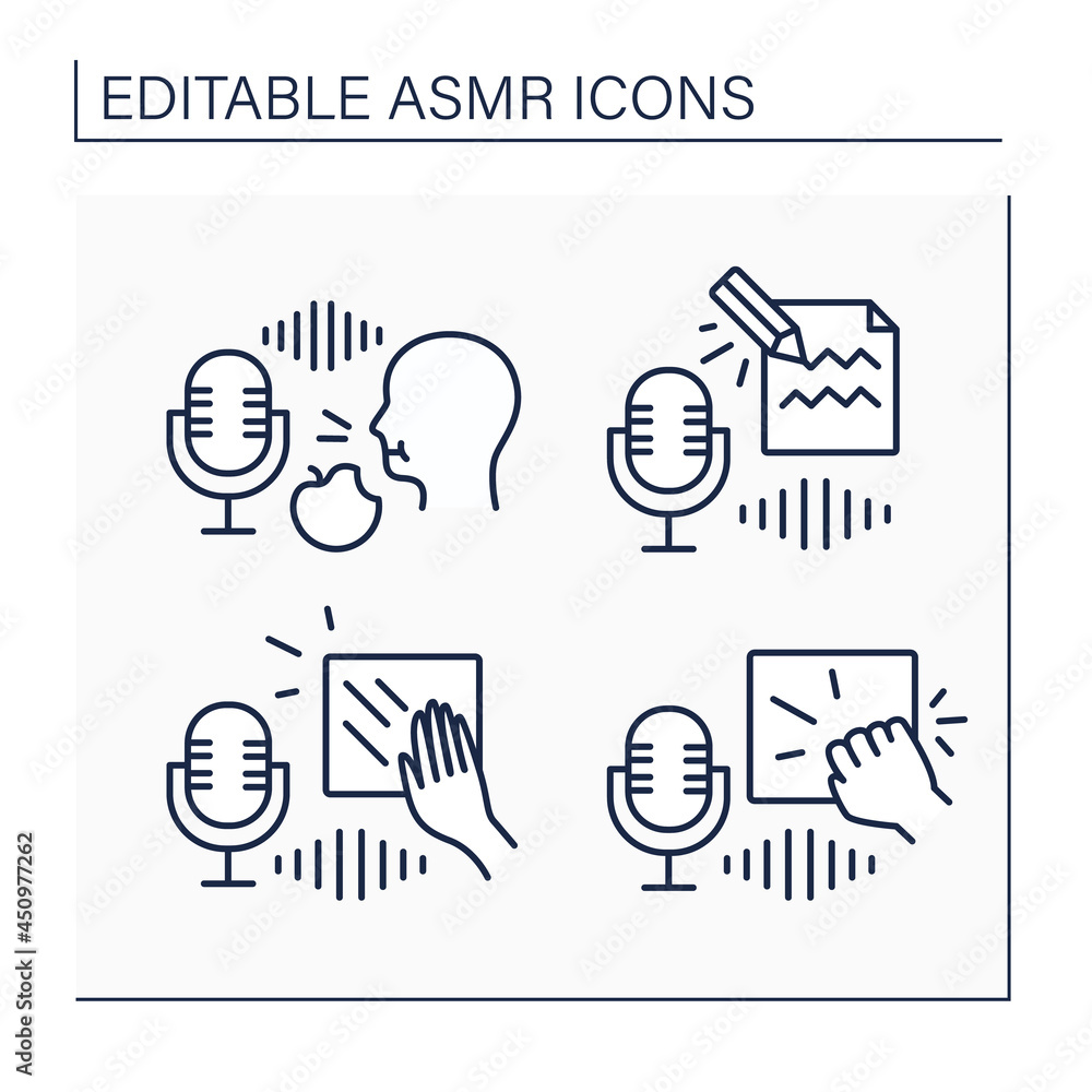 ASMR line icons set. Scratching, knocking, eating food and writing on ...