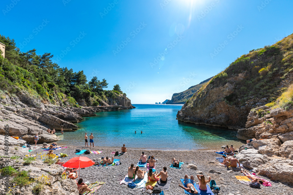 Bay of Ieranto Beach in a hot summer day, blue sea like a paradise ...