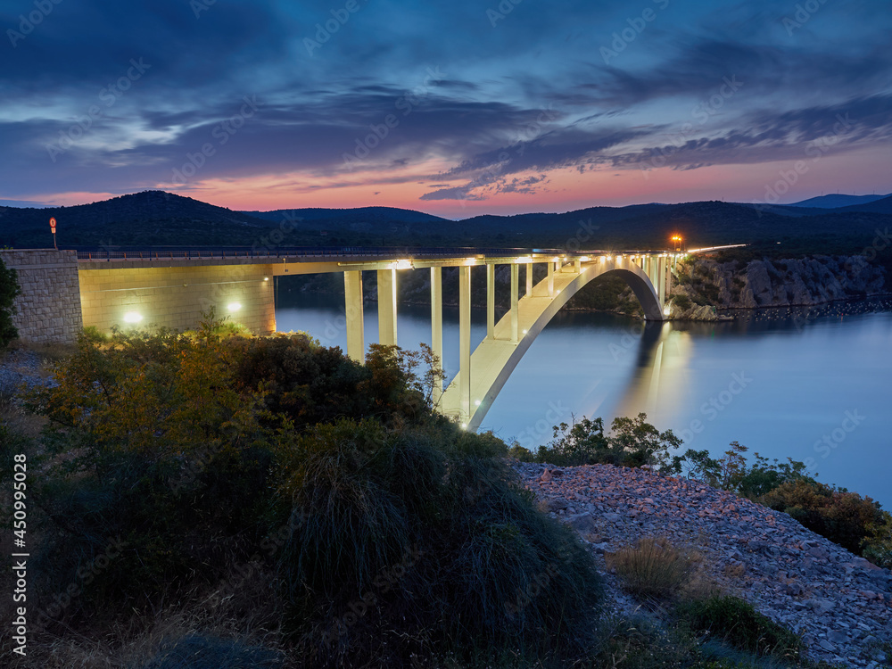 Sibenski Bridge by night. Beautifully lit one of the most famous ...