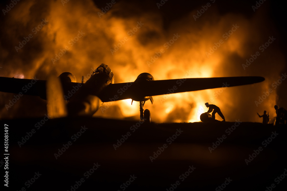 German Junker (Ju-88) night bomber at night. Artwork decoration with ...