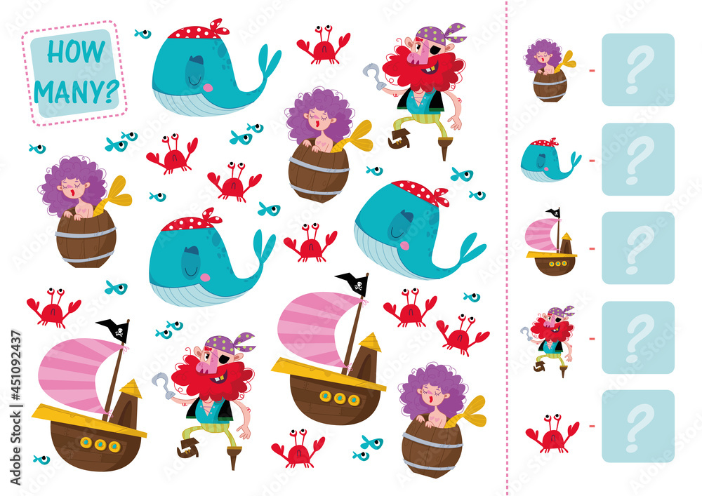 Math mini-game with pirate, mermaid and ship. Count how many characters ...