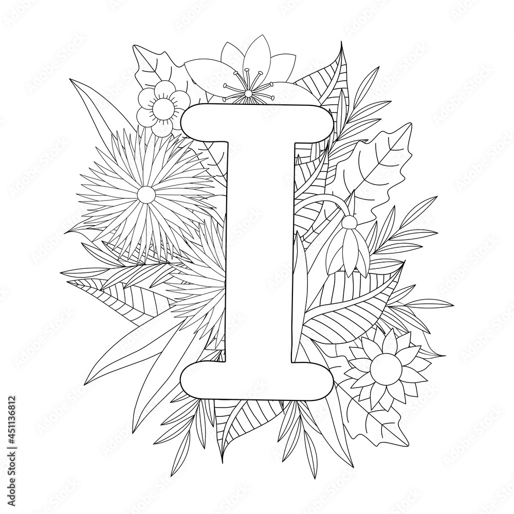เวกเตอร์ Stock Letter I coloring page. Floral coloring. | Adobe Stock