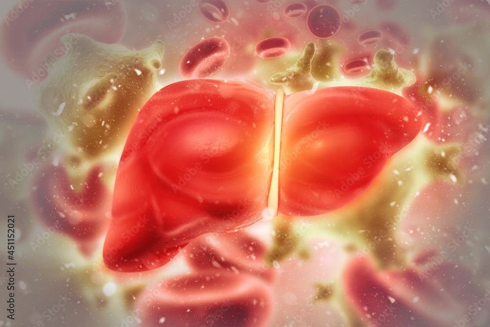 Hepatitis virus with human liver on medical background. 3d illustration ...