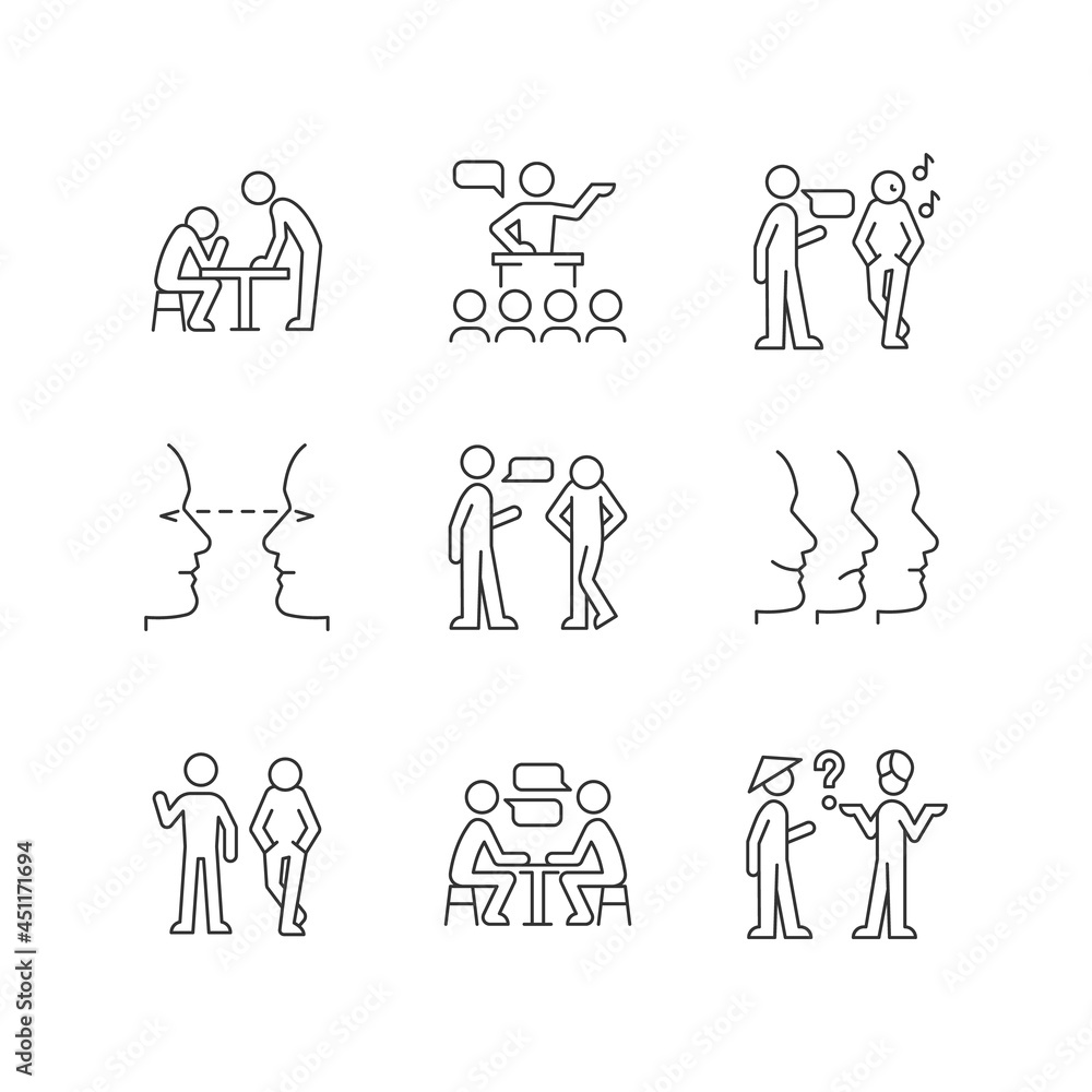 Communication process linear icons set. Physical behavior. Public ...