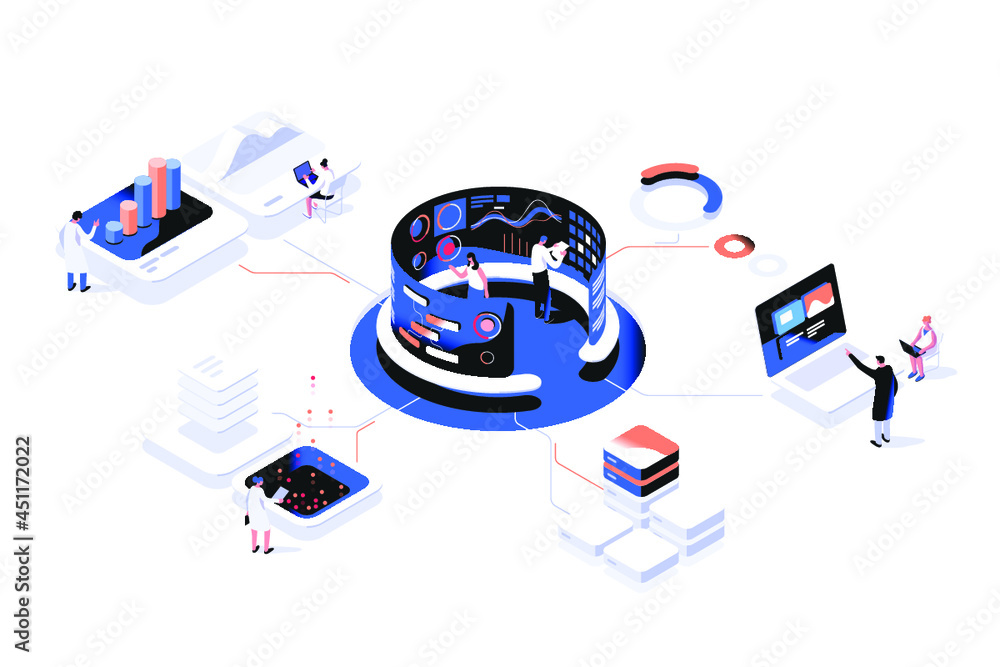 Scientists interacting with dashboards and analyzing information. Data visualization concept. 3d ...