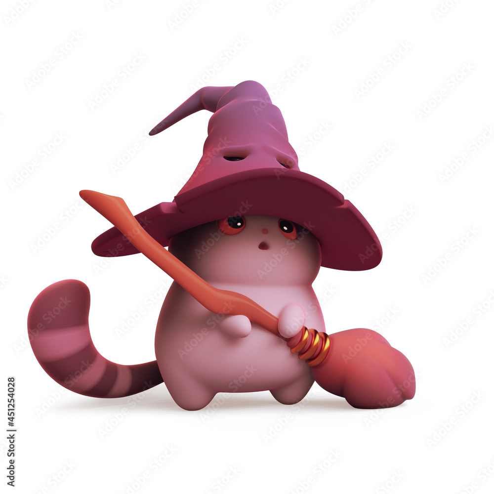 Ilustración de Stock Surprised kawaii wizard cat in big witch's purple ...