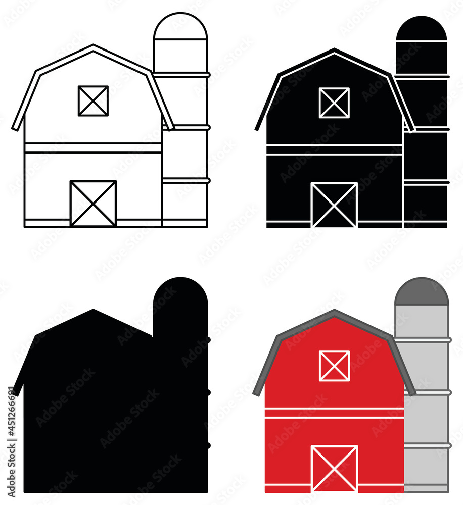Barn and Silo Clipart Set - Outline and Silhouette Graphic Stock Vector ...