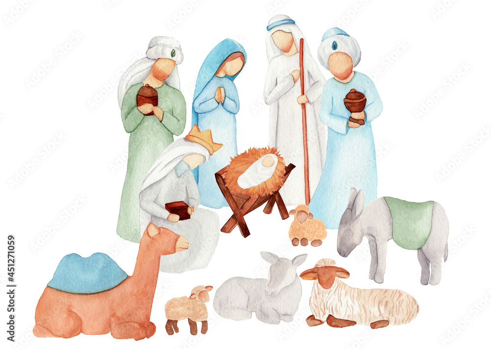 Christmas Nativity scene with Baby Jesus, Virgin Mary, Joseph, Three ...