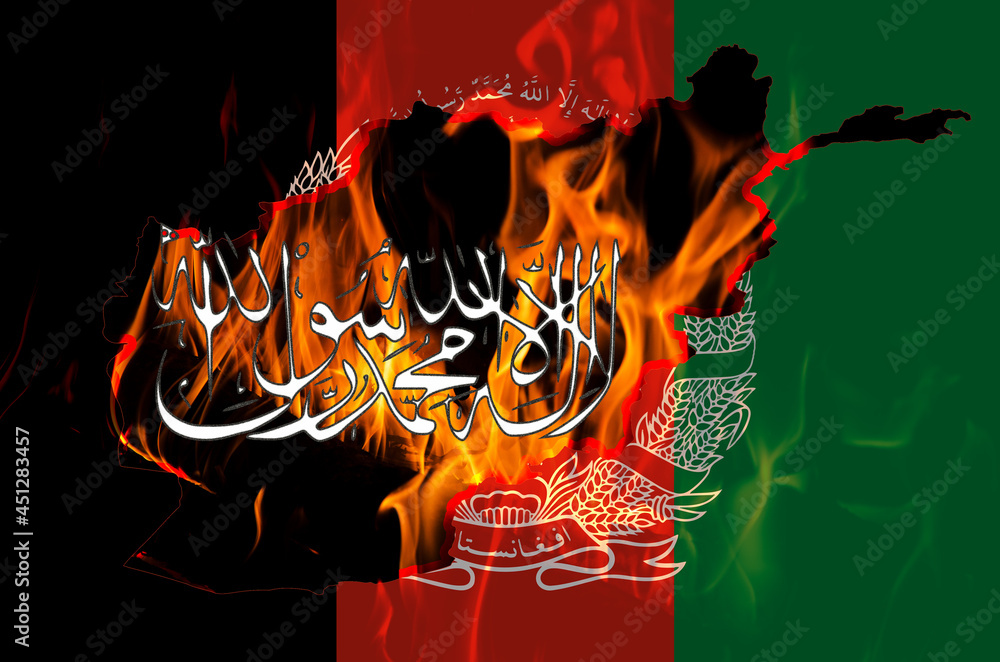 Foto de Stock Afghanistan flag, Taliban insignia and country outline ...