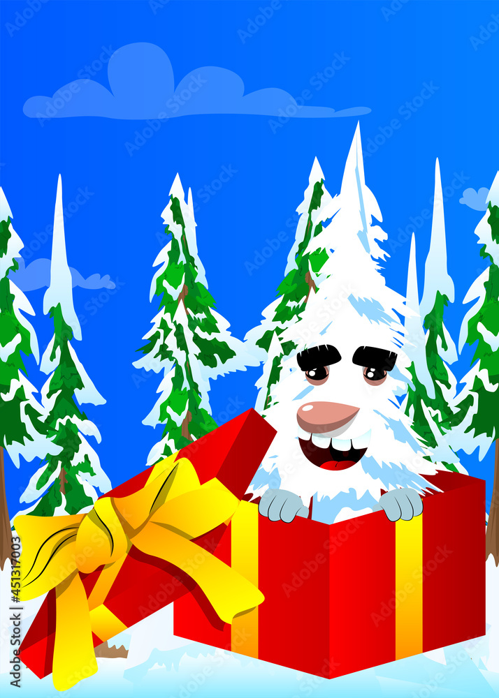 Cartoon winter pine trees with faces in a gift box. Cute forest trees ...
