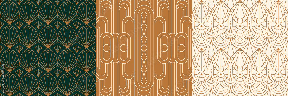 Art Deco Seamless Patterns Set in a Trendy minimal Linear Style. Vector Abstract Retro ...