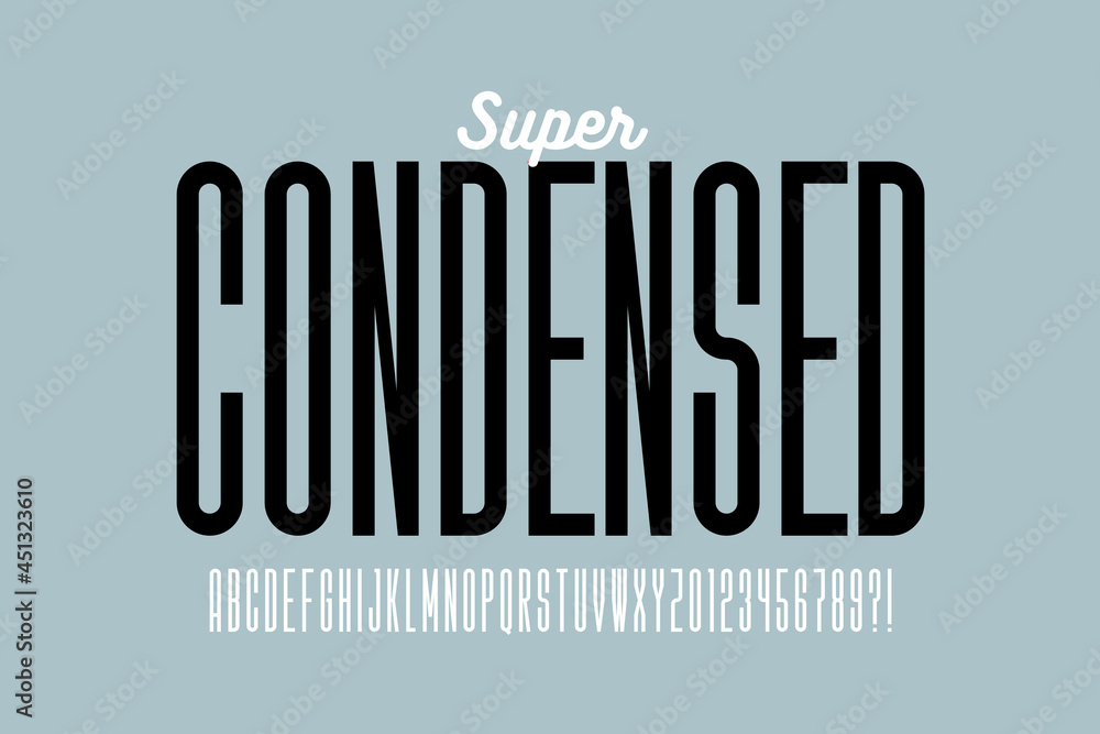 Super condensed style font design, tall alphabet, letters and numbers ...