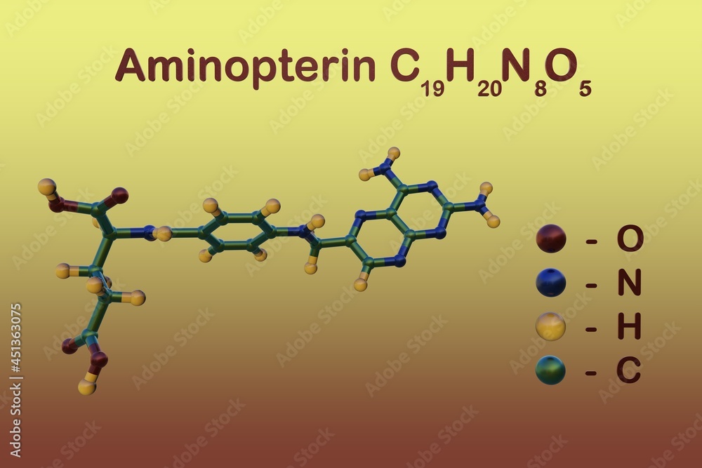 Structural chemical formula and molecular model of aminopterin, a ...
