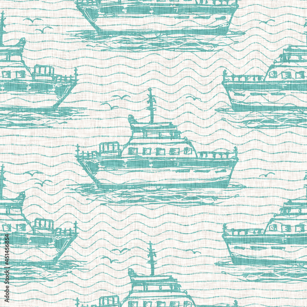 Aegean teal cruise ship linen nautical seamless background with wave ...