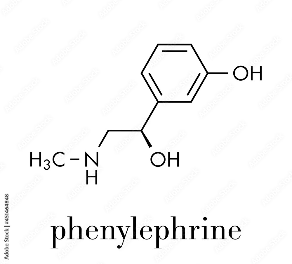 Phenylephrine nasal decongestant drug molecule. Skeletal formula. Stock ...
