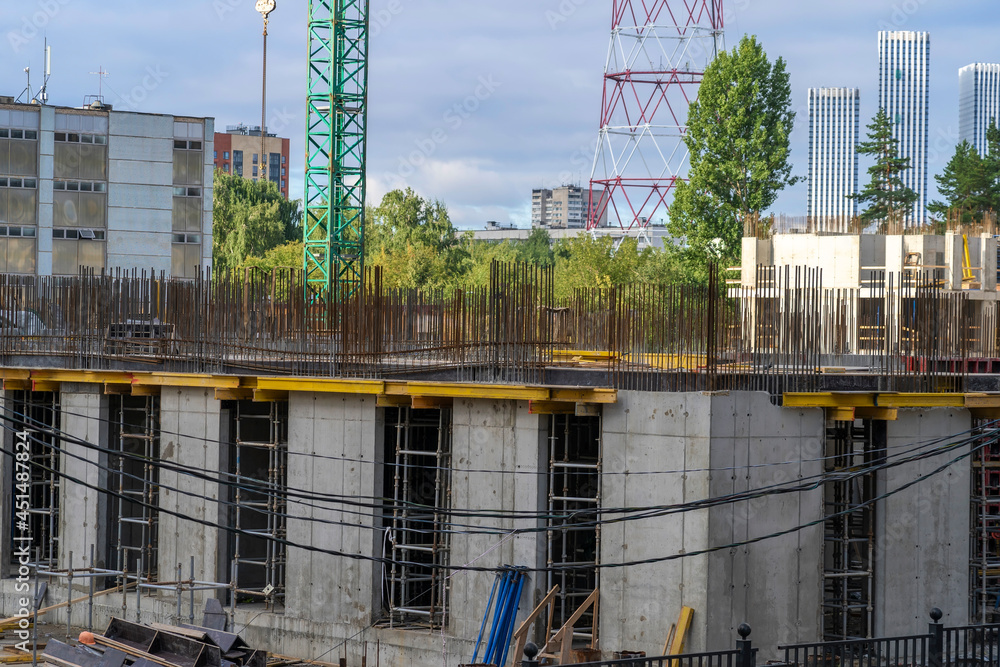 Pit construction site with formwork and reinforcement. Steel ...