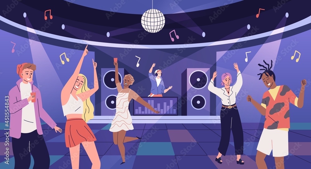 Disco club people. Young guys and girls having fun at discotheque ...