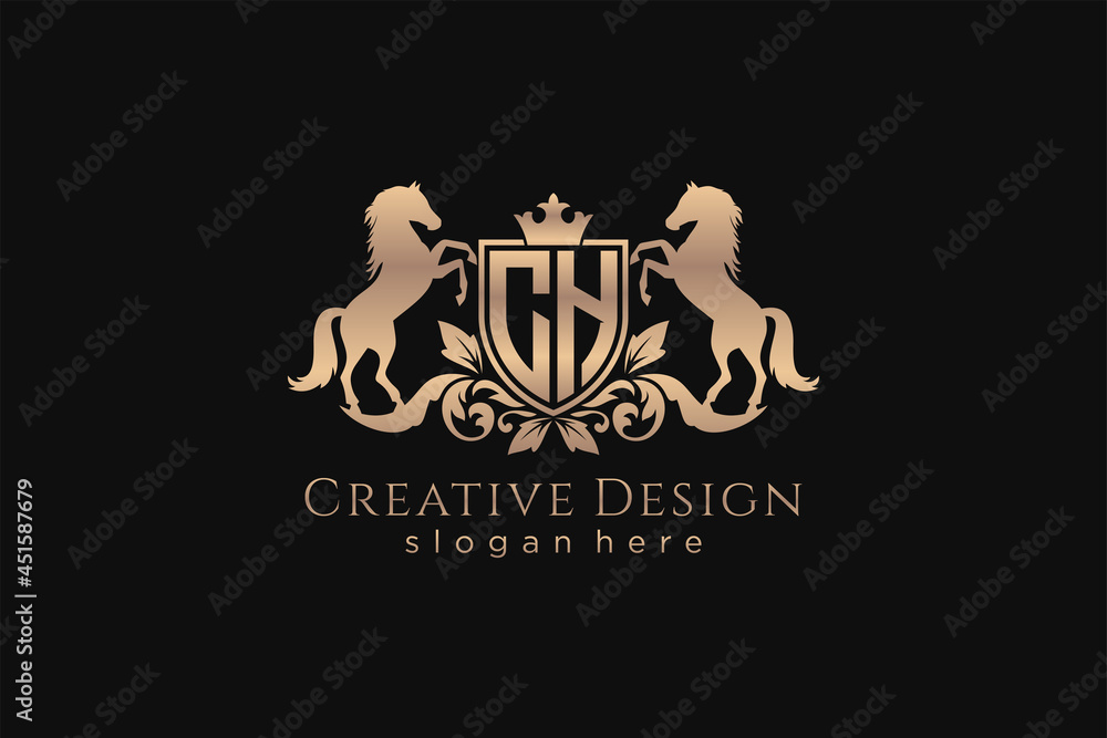 initial CH Retro golden crest with shield and two horses, badge ...