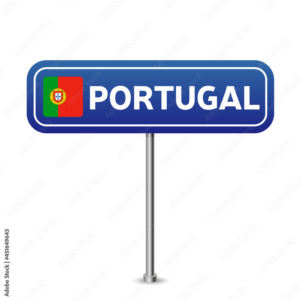 portugal road sign. National flag with country name on blue road ...