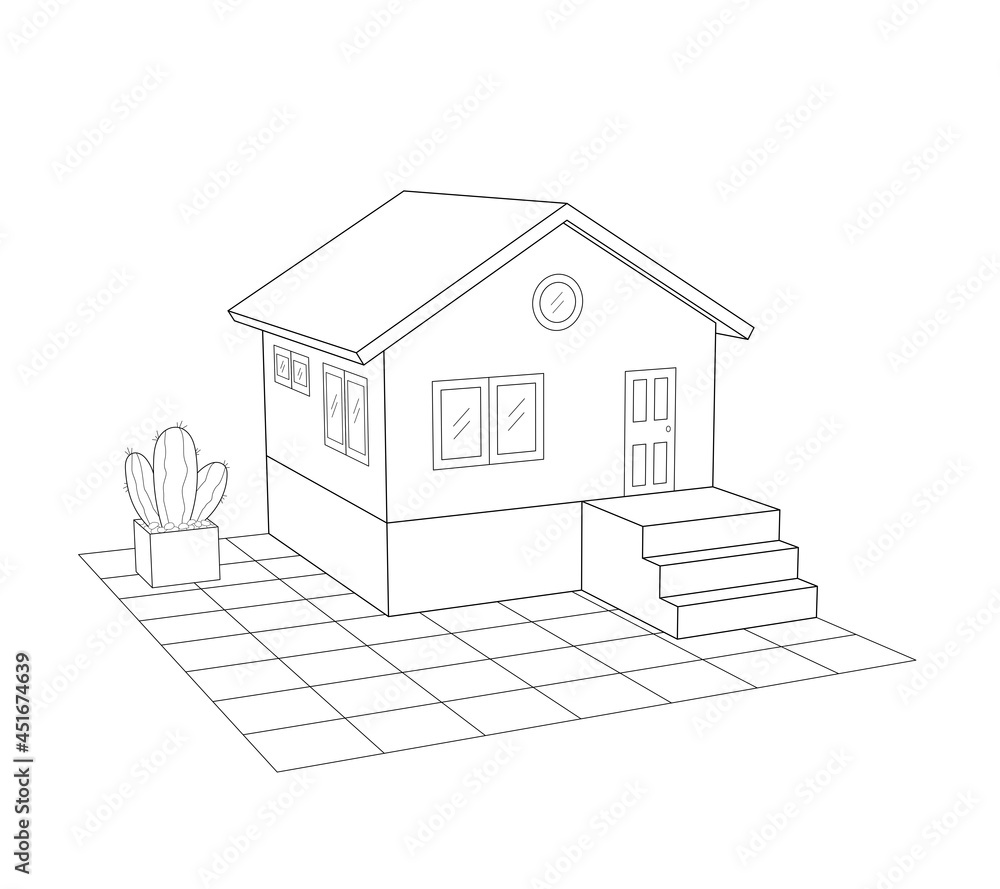 3d small house drawing with front door exterior stairs and a cactus pot ...