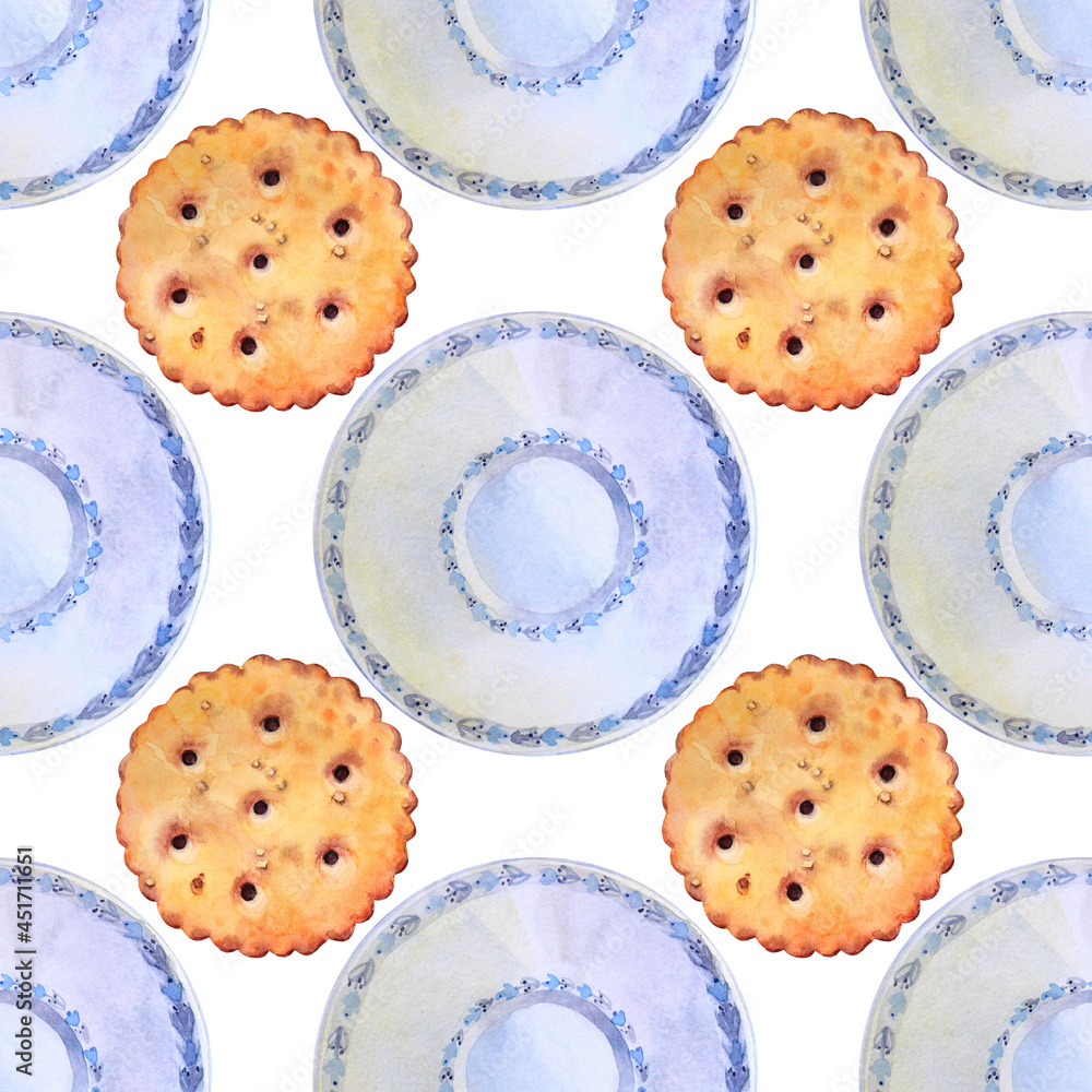 Seamless pattern watercolor blue saucer and cookies cracker with salt ...