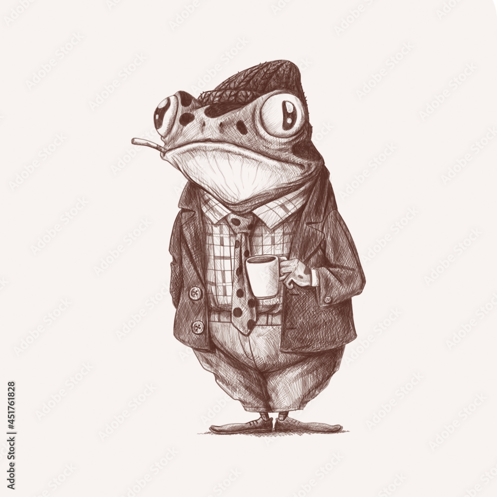 A Coffee break, illustration. Elegant anthropomorphic frog, standing ...