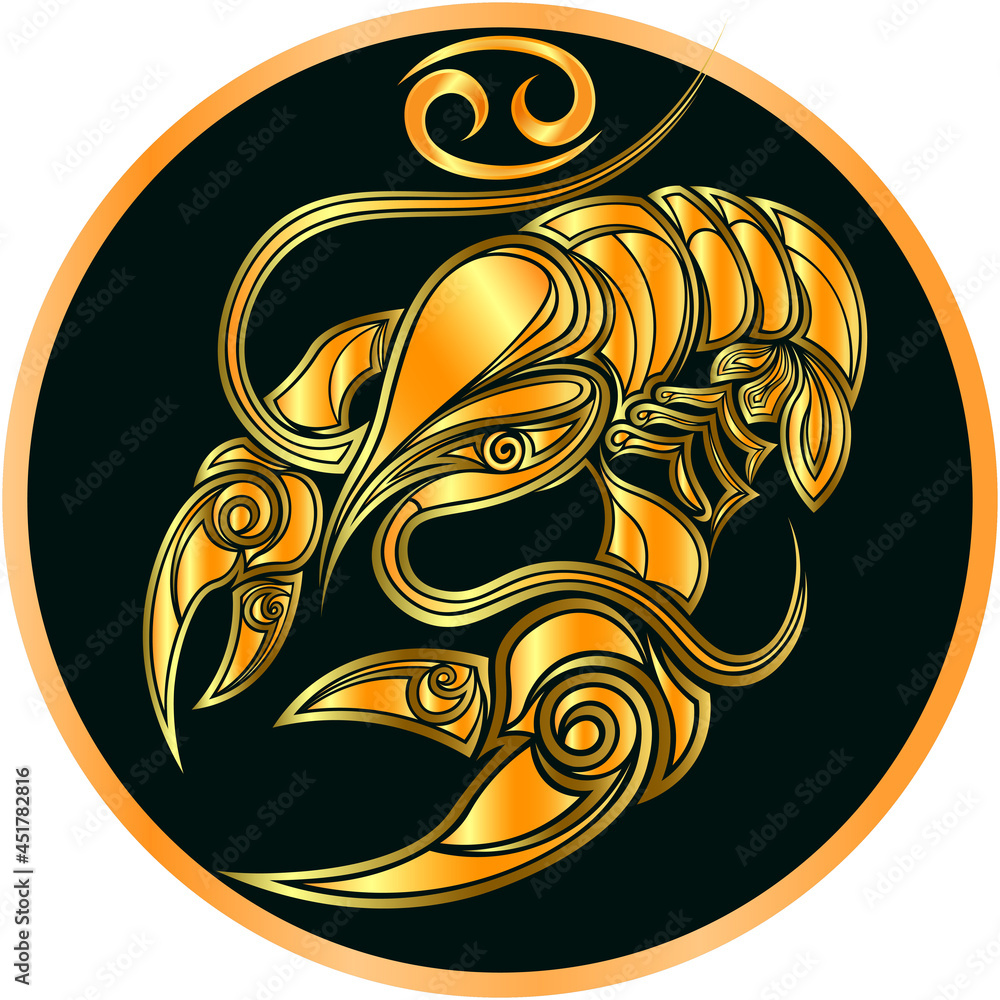 Round gold shield with Cancer image with golden zodiac sign and symbol ...