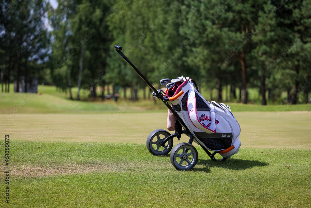 Minsk. Belarus - 25.07.2021 - Push-Pull Golf Carts on the field. Green ...