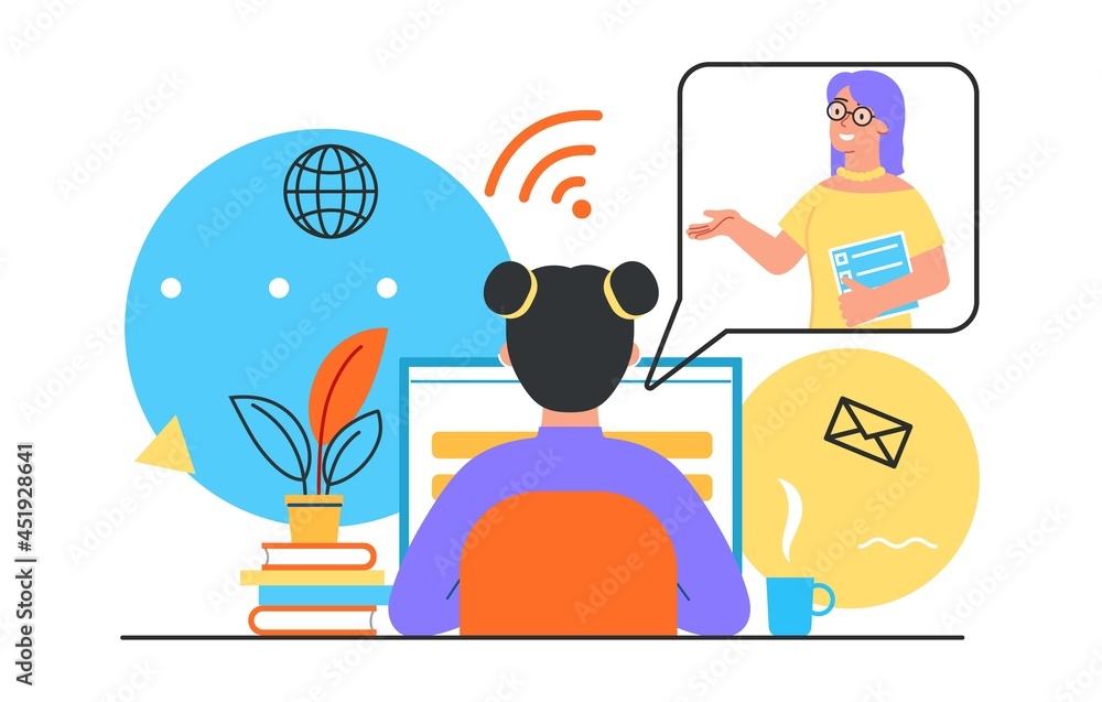 Online Education concept. Girl sitting at slave table and watching ...