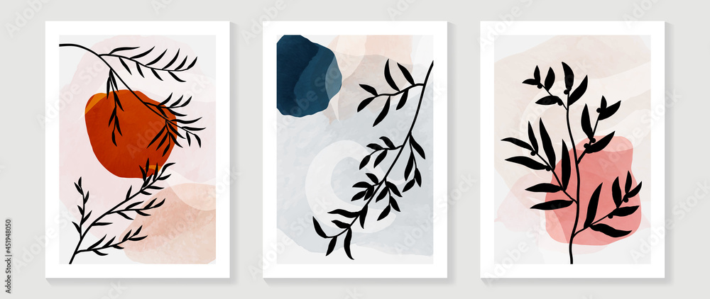 Mid century modern triptych wall art vector. Abstract art background with floral leaves and ...