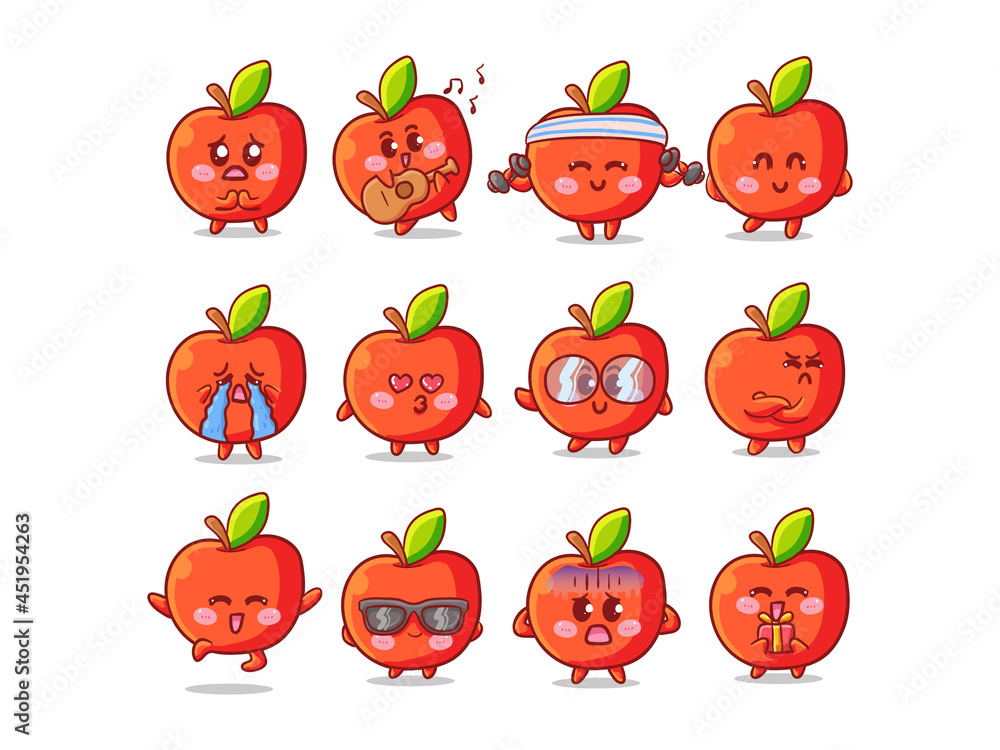 Cute and Kawaii Apple Sticker Illustration Set With Various Activity ...