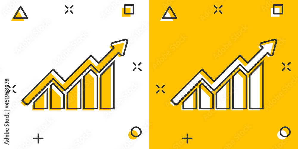 Growing bar graph icon in comic style. Increase arrow vector cartoon ...