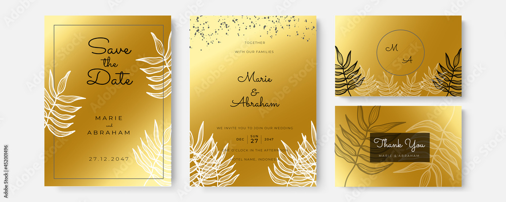 Gold wedding invitation with tropical leaves. Luxury wedding invitation ...