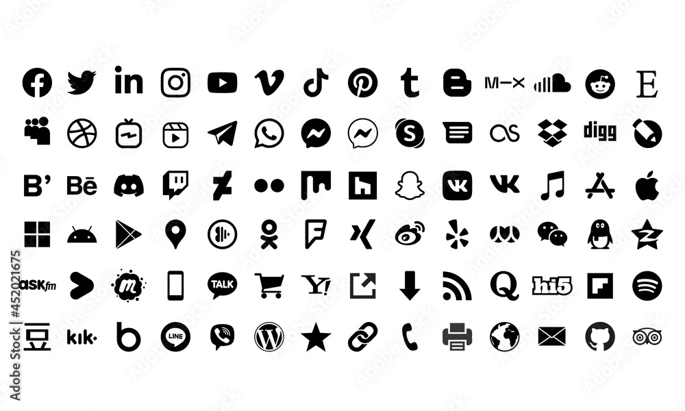 Vector de Stock Vector social media icons, flat black and white icon ...