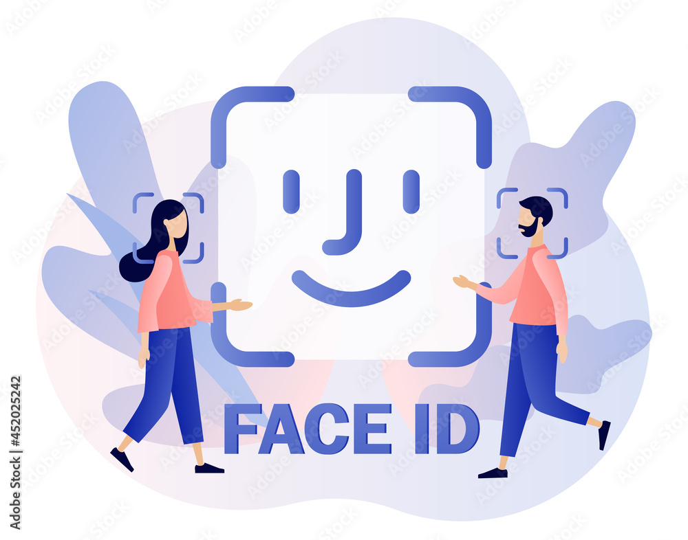 Face ID - big sign. Tiny people scans and recognition faceusing laser ...