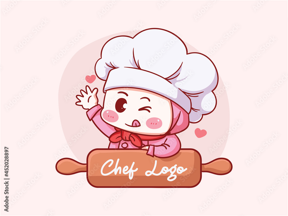 Cute and kawaii muslim female chef wearing Hijab with Wood Rolling Pin ...