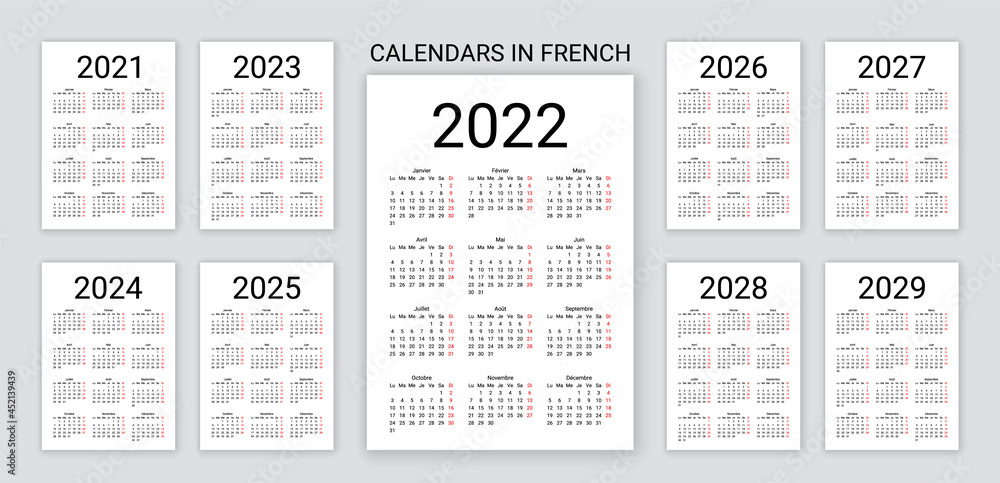 Vector de Stock French Calendar 2022, 2023, 2024, 2025, 2026, 2027 ...