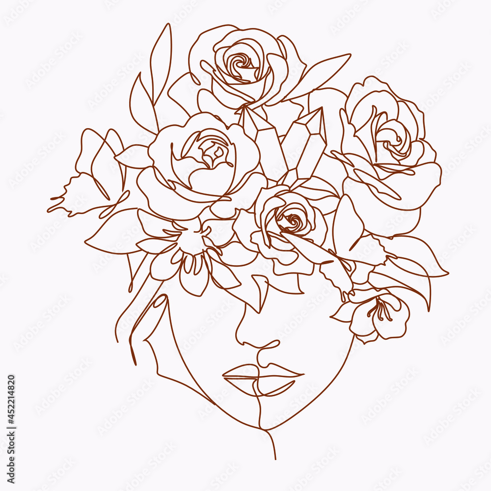 Flower face woman line drawing. Modern continuous line art. Women line ...