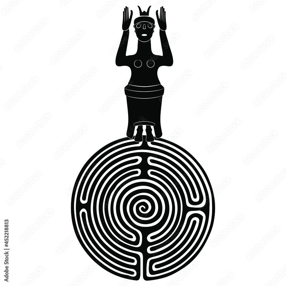 Ancient Cretan Minoan goddess standing on a round spiral maze or ...