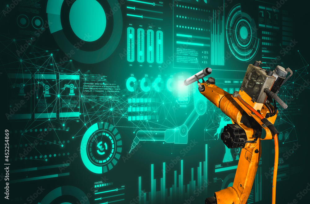 Foto de Stock Robot arm AI analyzing mathematics for mechanized ...