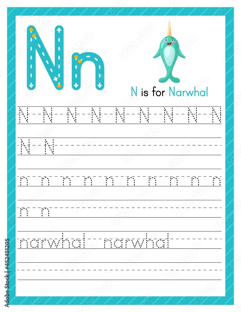 Trace letter N uppercase and lowercase. Alphabet tracing practice preschool worksheet for kids ...