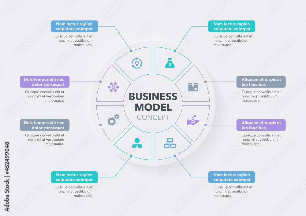 Modern concept for business model diagram with eight steps and place ...