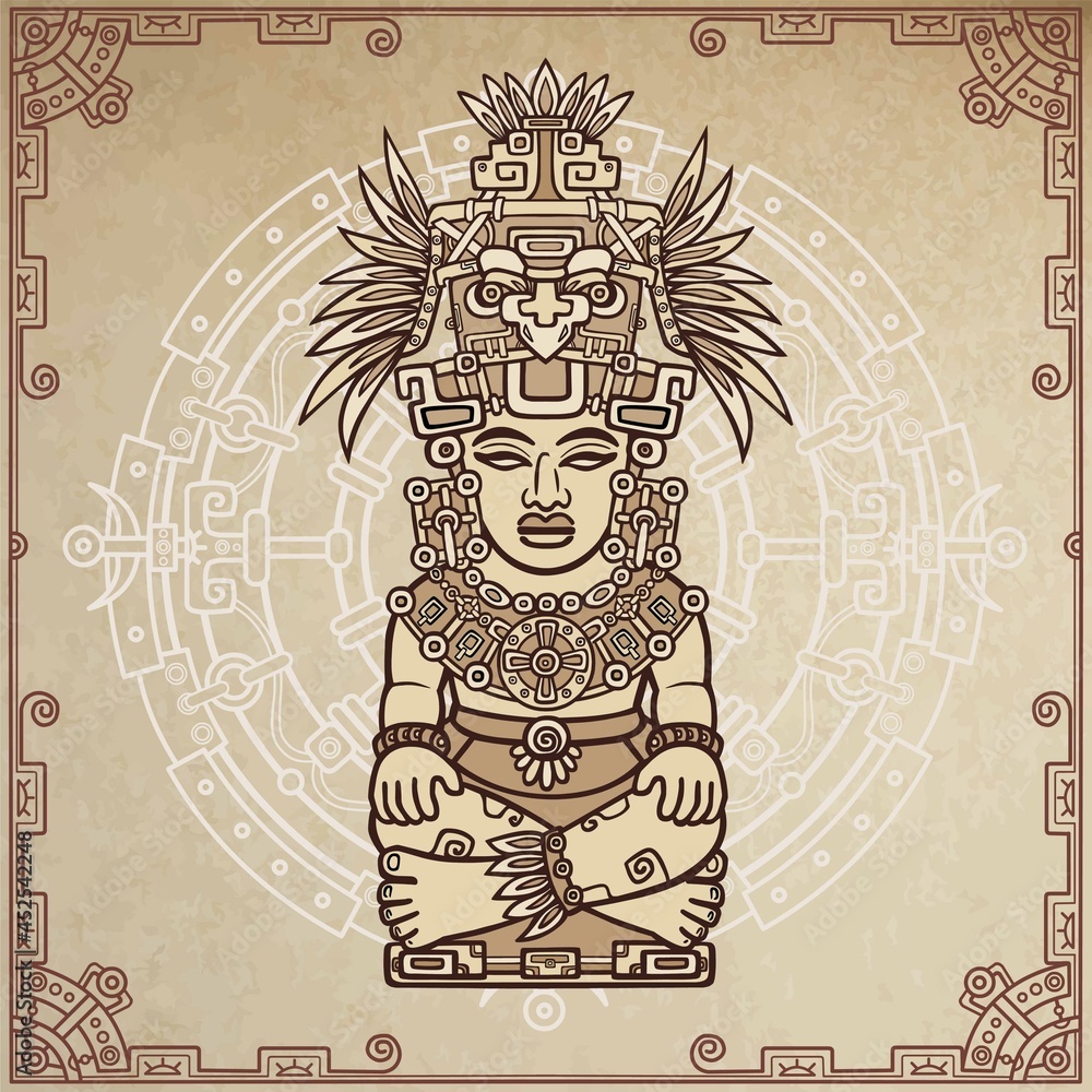 Linear drawing: decorative image of an ancient Indian deity. Magic ...