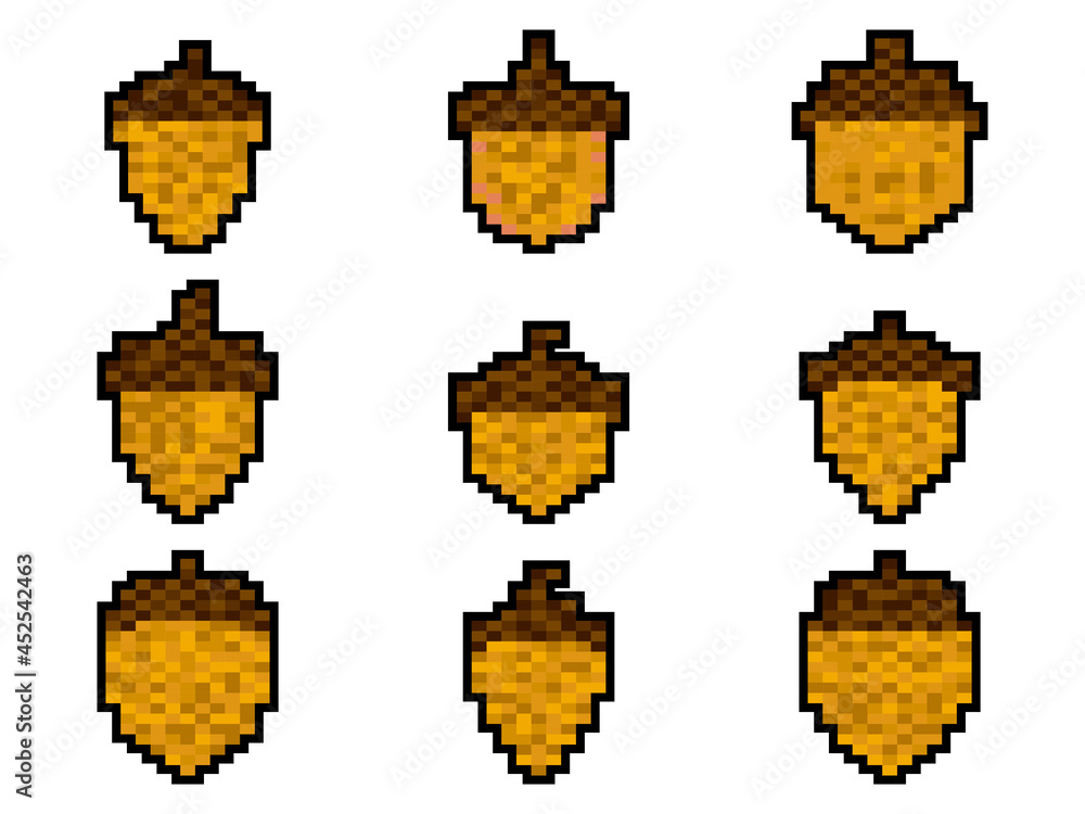 Acorn icon set isolated on white background, pixel art. 8 bit acorn ...