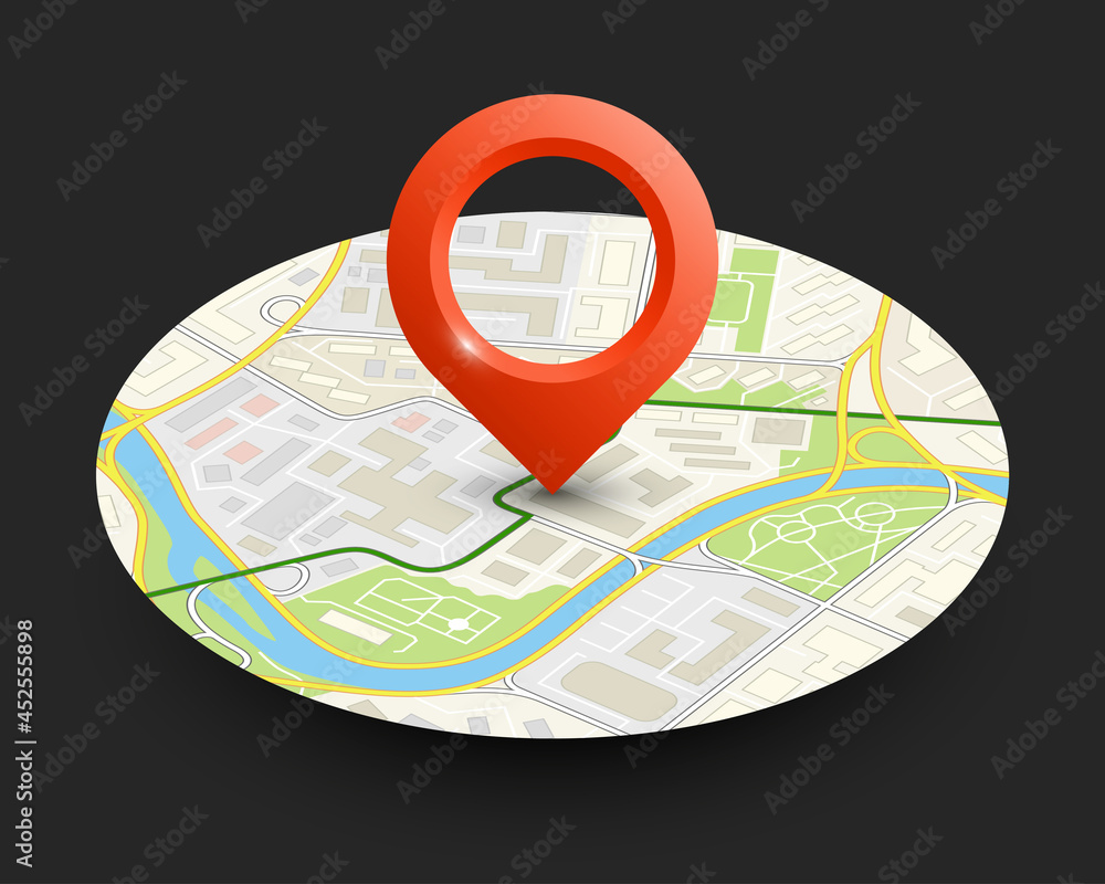Isometric round city map navigation, point marker background, app ...