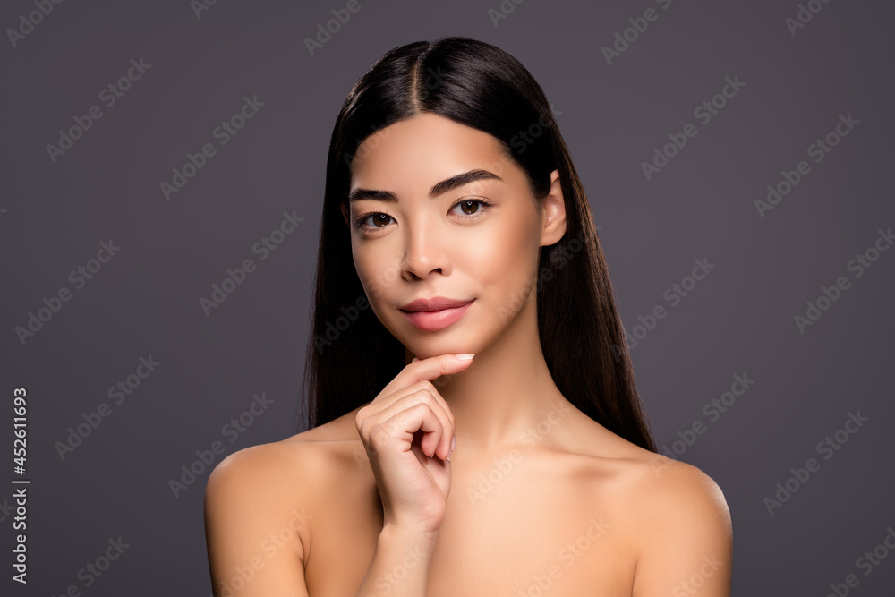 Photo of minded intelligent fashion model asian chinese lady finger ...