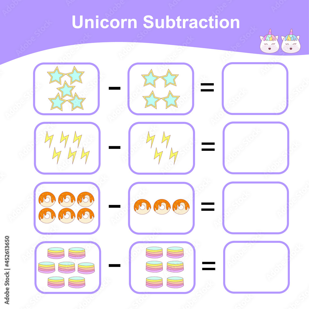 Unicorn Subtraction Math Game for Preschool. Counting Game Worksheet ...